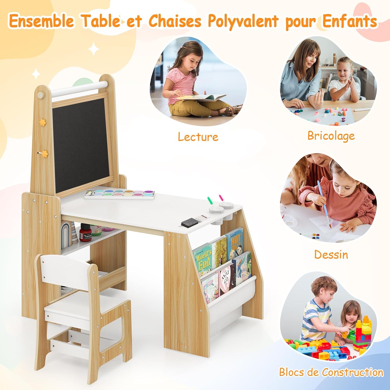 Bureau et Chaises pour Enfants avec Chevalet, Tableau Blanc et Tableau ...