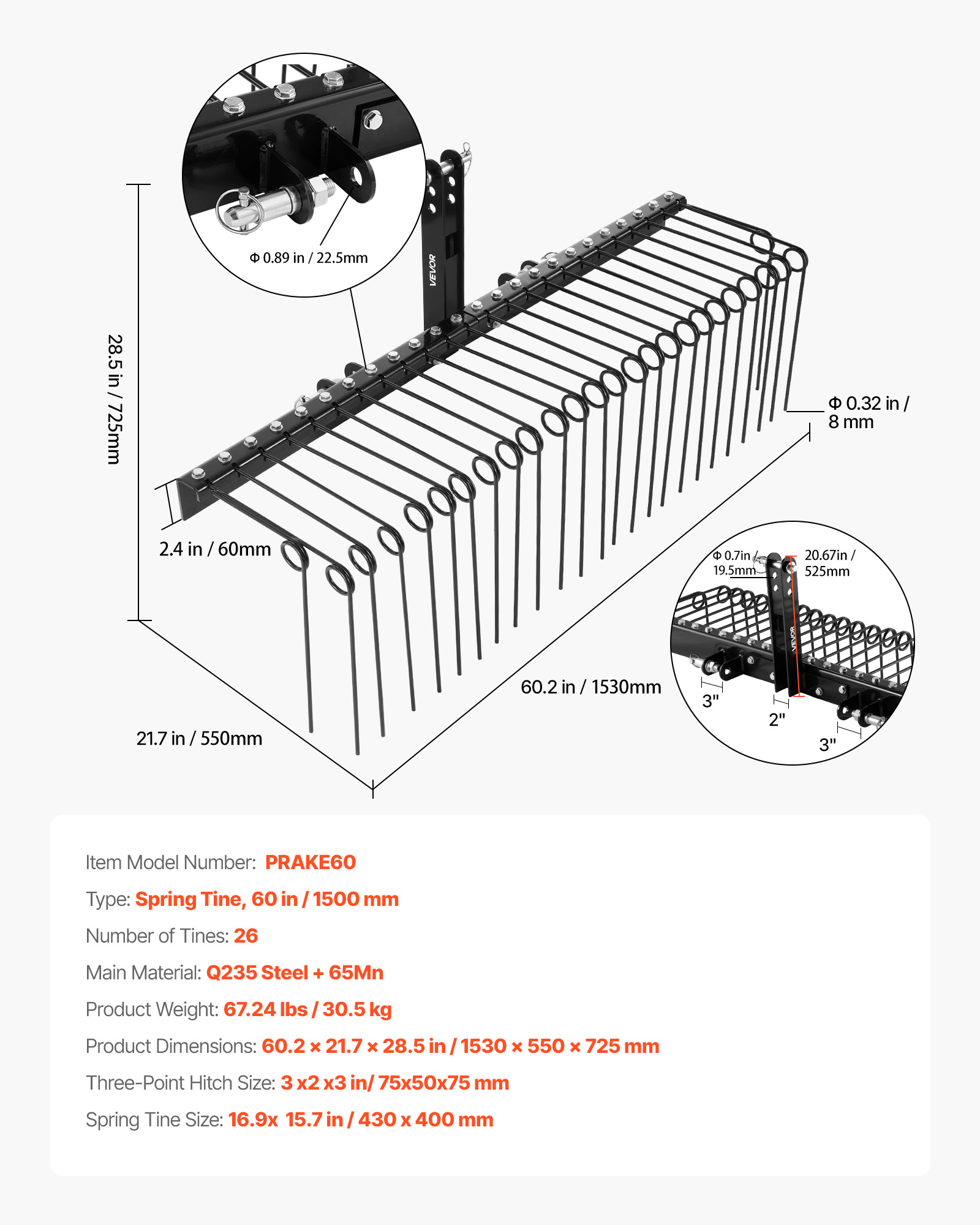 VEVOR Râteau Paysager Tracté Remorquable pour Tracteurs Cat 1 153 cm 26 ...