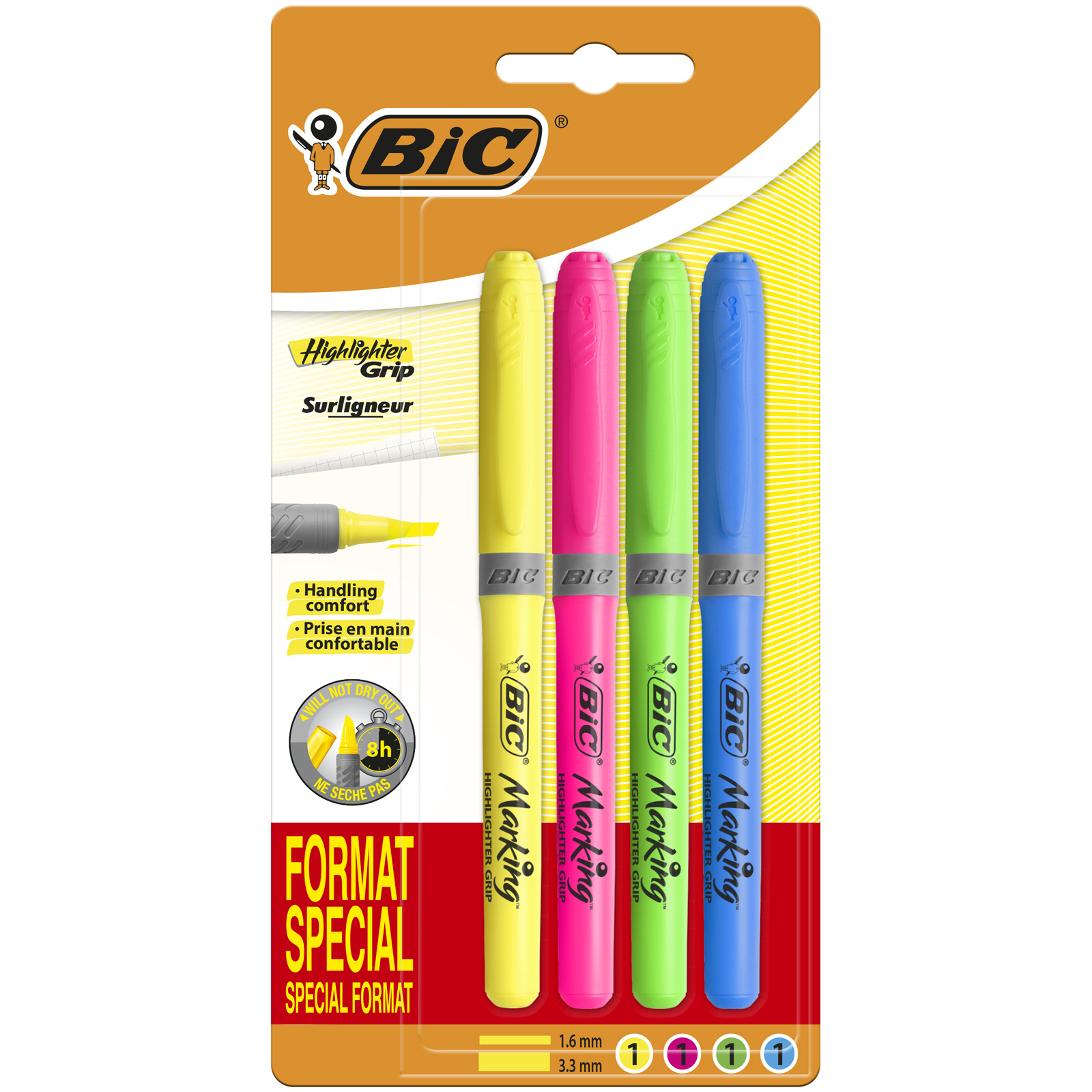 BIC Highlighter Grip Surligneurs Pointe Biseautée - Couleurs Fluo ...