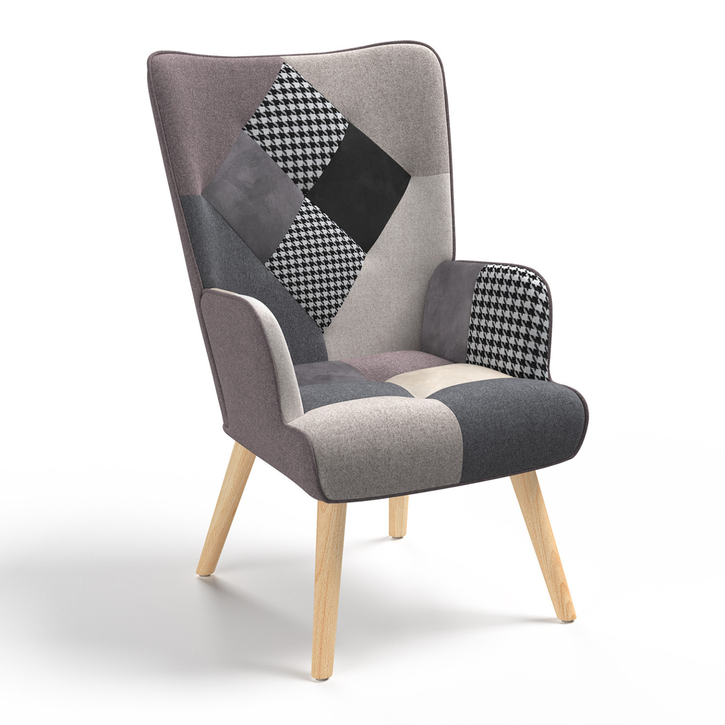 IDMARKET Fauteuil scandinave IVAR en tissu patchwork noir, gris et blanc au meilleur prix | E ...