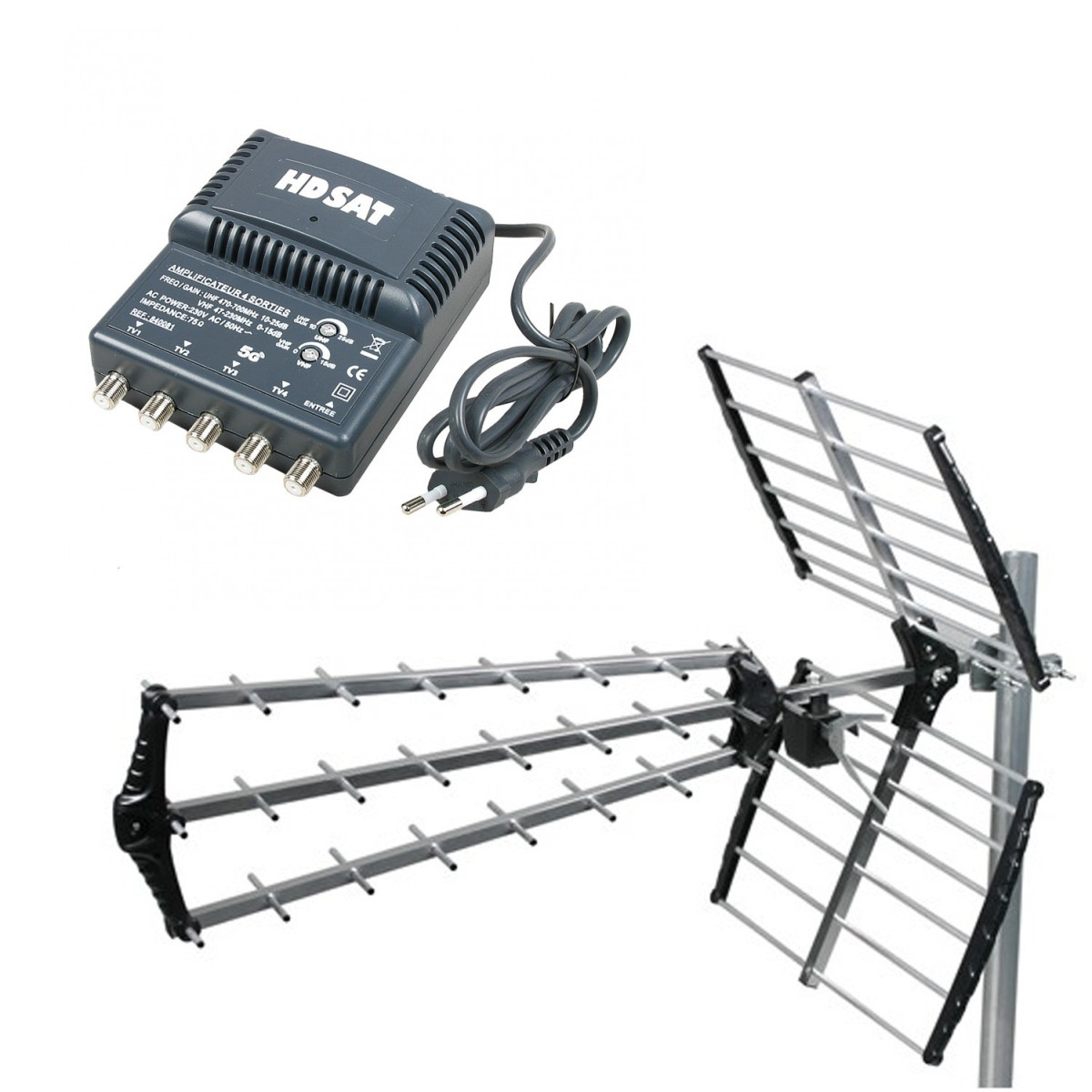 HDSAT Antenne TNT Trinappe Gain 18dB + Amplificateur tnt 4 Sorties au ...