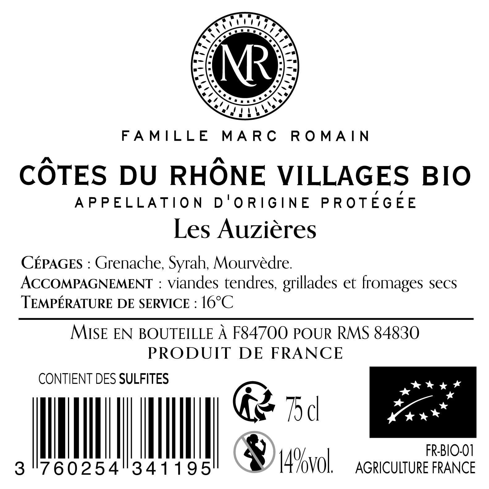 Famille Marc Romain Les Auzières BIO, 2022 - Côtes du Rhône Villages ...