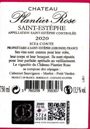 Château Plantier Rose, 2020 - Saint-Estèphe AOP - Rouge - 75 cl au ...