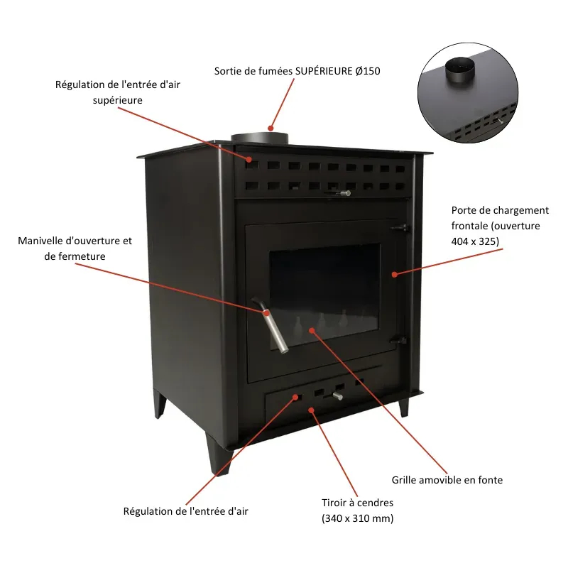 Pack Poêle à Bois LUNA 9 bûches 50cm + Kit Conduit 150 - au meilleur ...