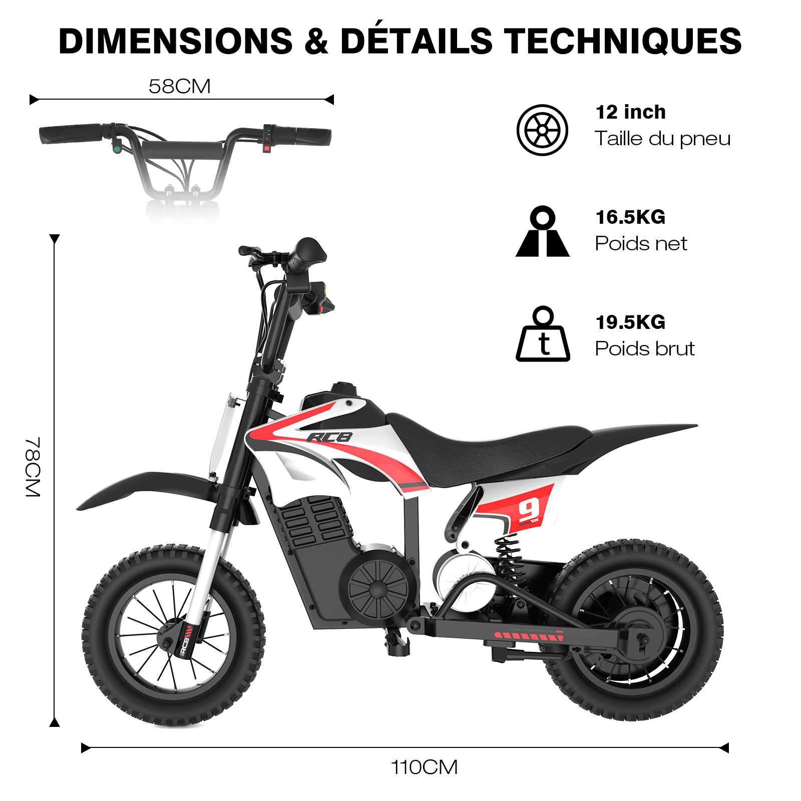 RCB Moto Électrique pour Enfants 4+ Ans - 350W - Batterie 36V/5.2Ah ...